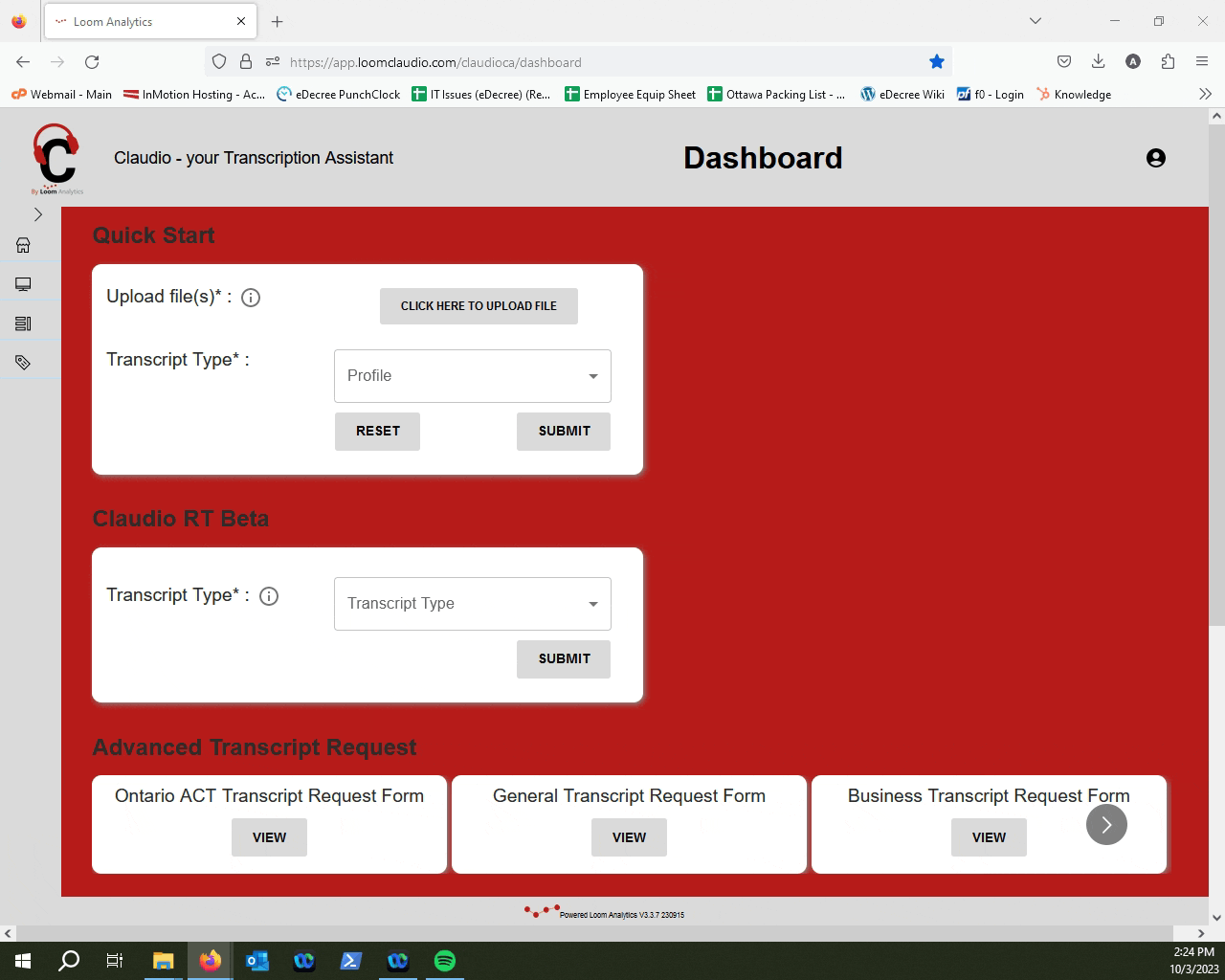 How does the Claudio Advanced Transcript Request form work?