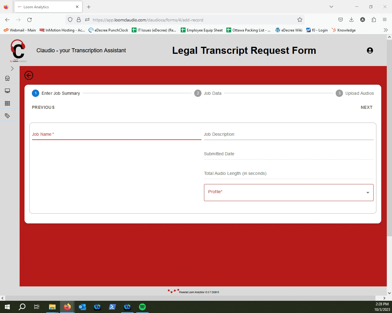 How does the Claudio Advanced Transcript Request form work?