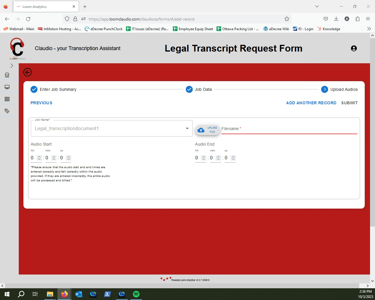 How does the Claudio Advanced Transcript Request form work?