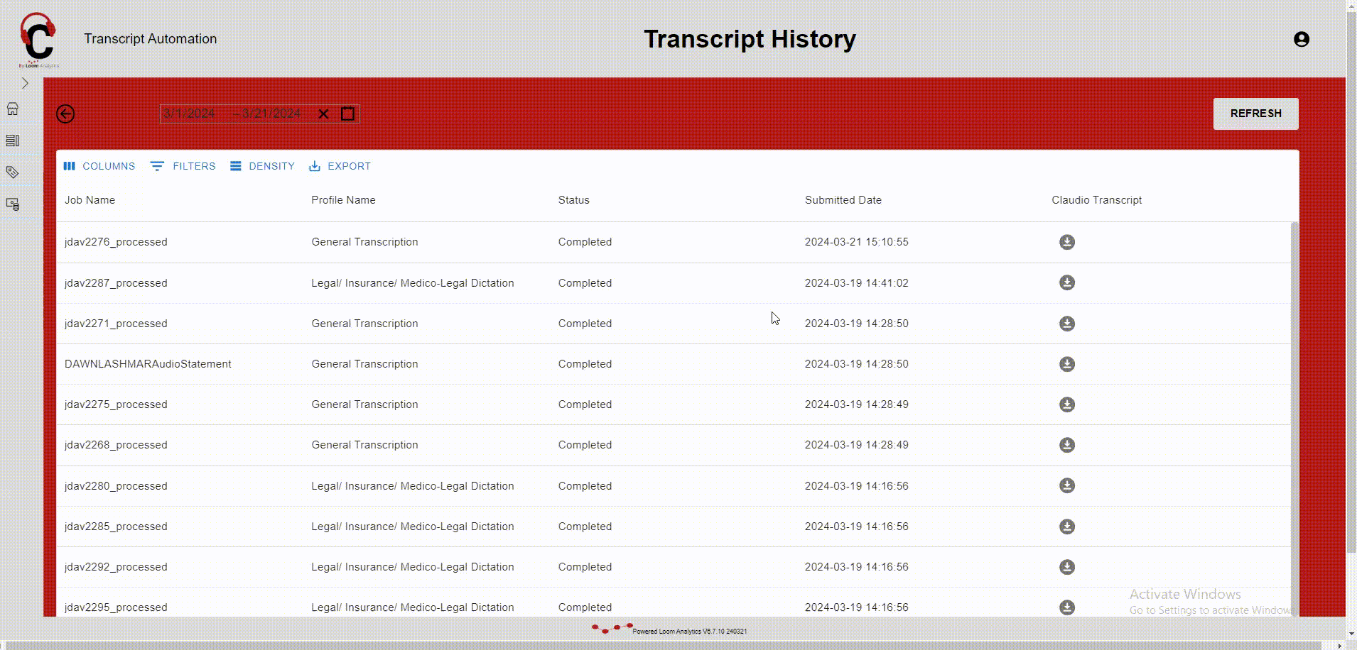 What is the Transcript History Report?